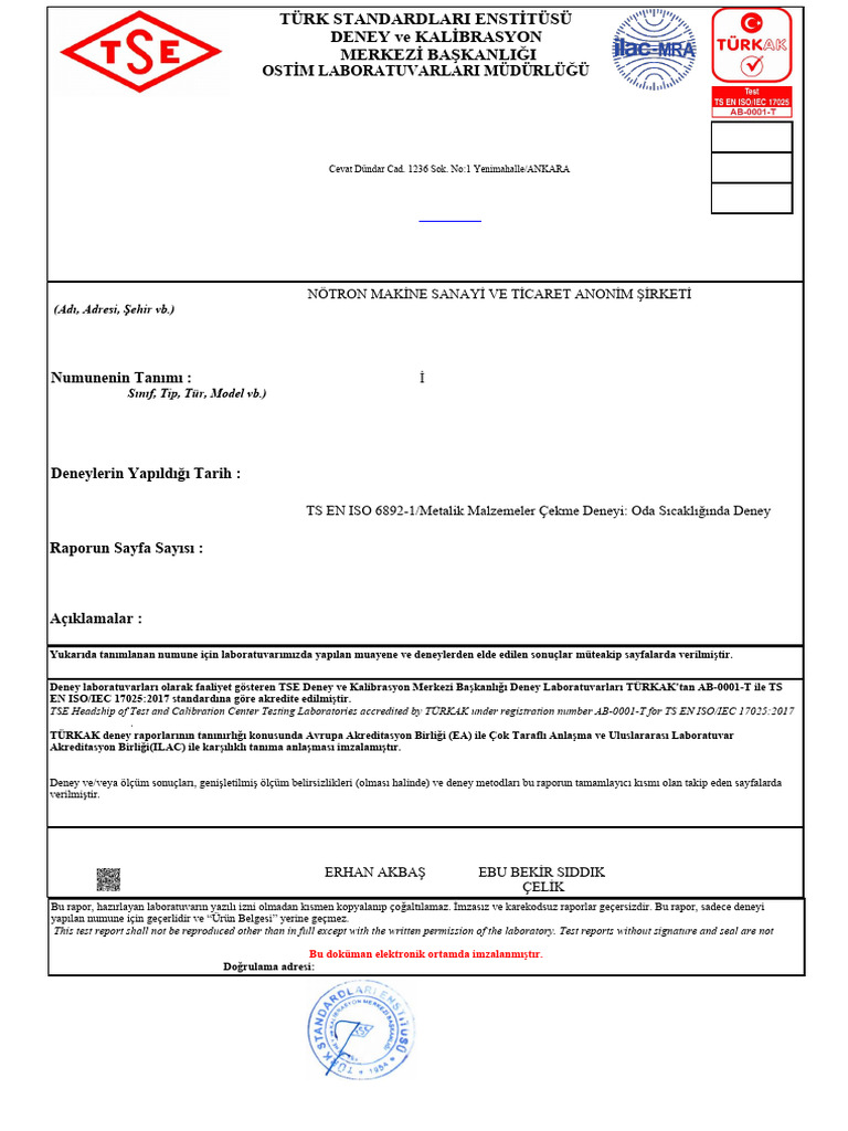 Certificate of Material Body TSE Rapor-75140-2023-48800 SAMPLE 1 | PDF