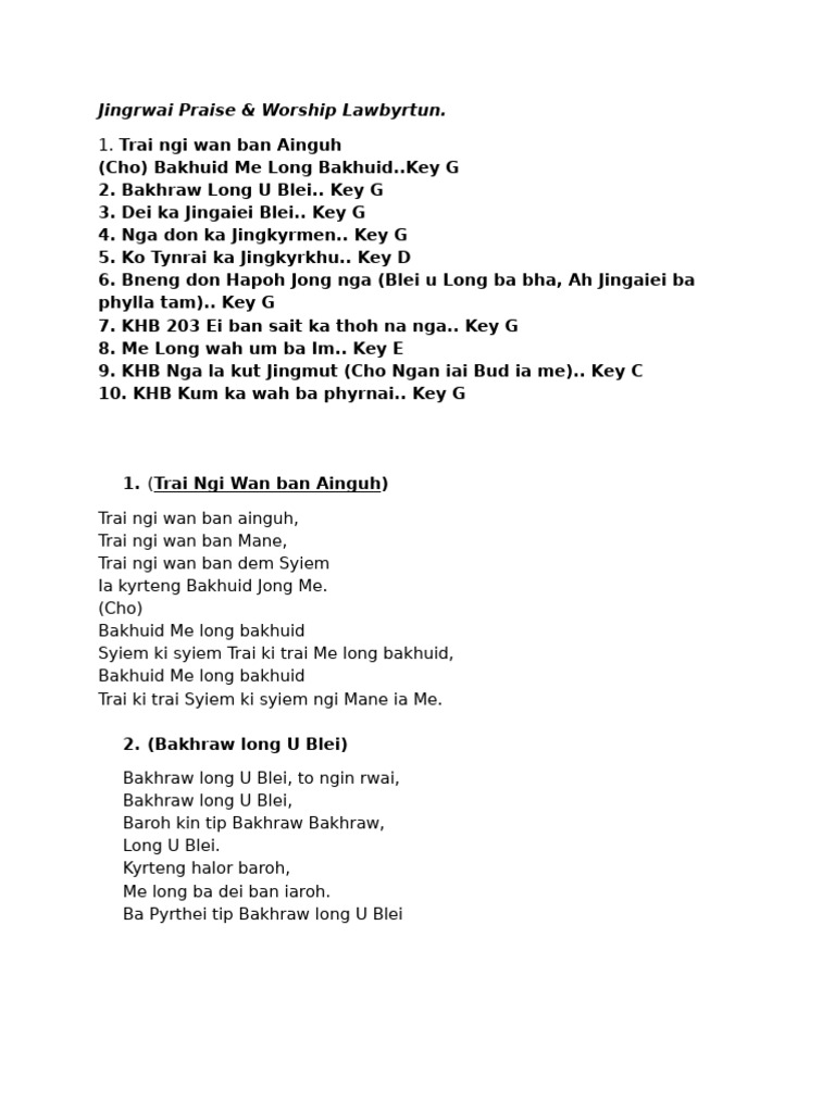 Jingrwai Praise & Worship Lawbyrtun | PDF