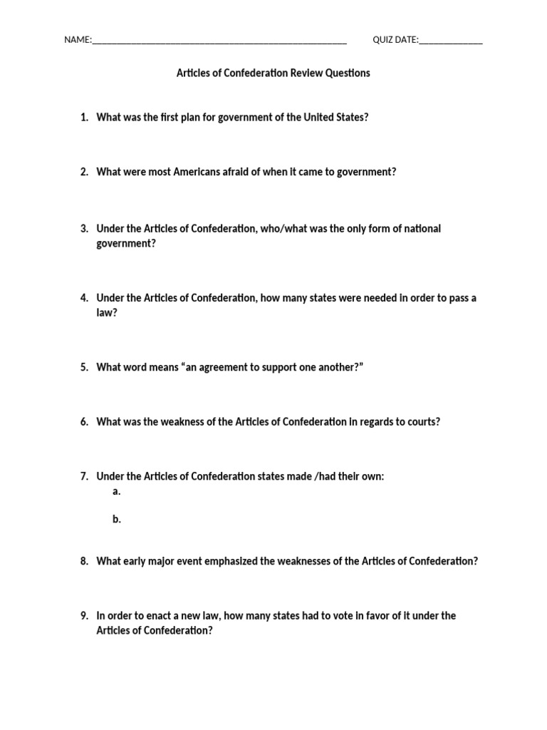 Articles of Confederation Review Questions | PDF