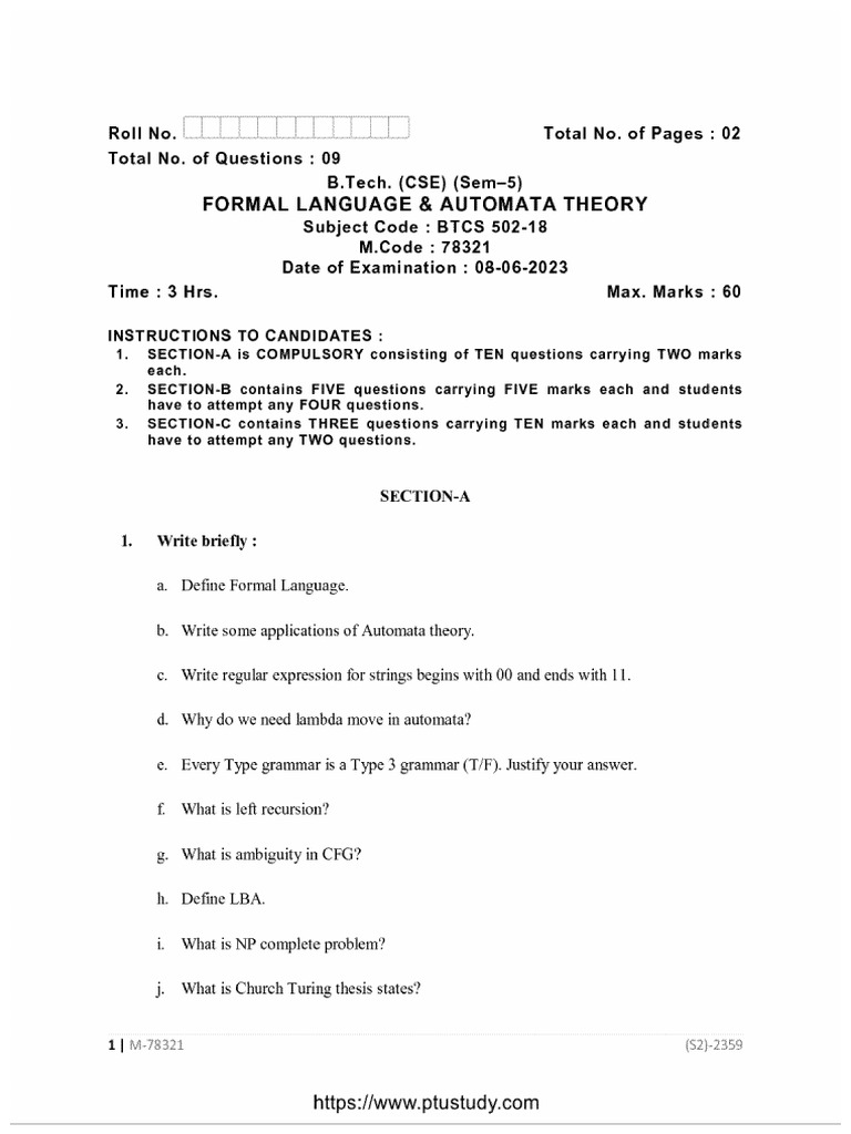 Btech Cse 5 Sem Formal Language and Automata Theory 78321 Jun 2023 | PDF
