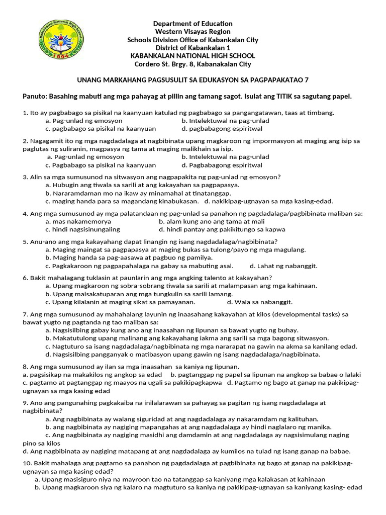ESP 7. Unang Markahan.... 1 | PDF