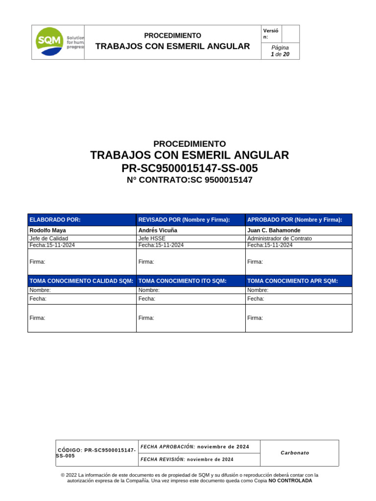 Pr-sc9500015147-Ss-005 Procedimiento Trabajos Con Esmeril Angular | PDF