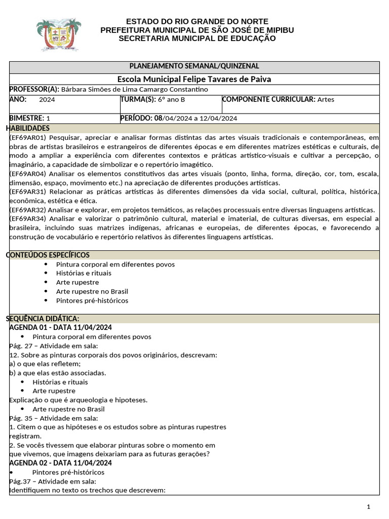 Planejamento de Artes 6º Ano B 2024 | PDF | Pinturas | Arte Rupestre