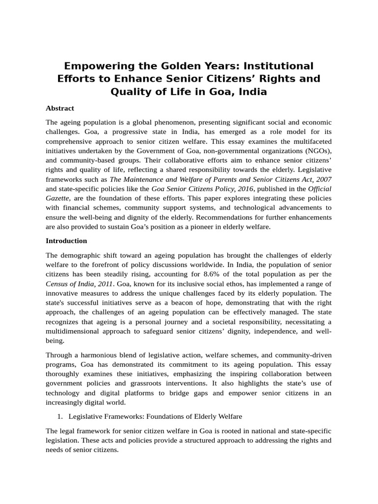 Goa's Initiatives for Senior Citizens' Welfare | PDF | Welfare ...