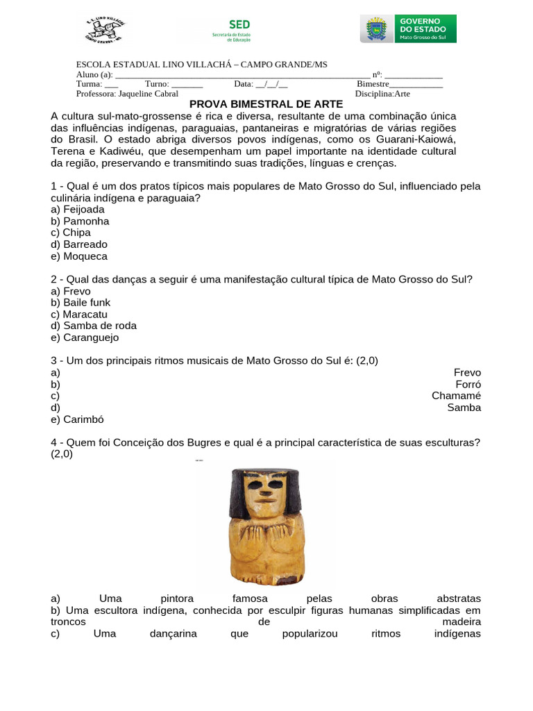 Prova de Arte: Cultura de MS | PDF | Escultura