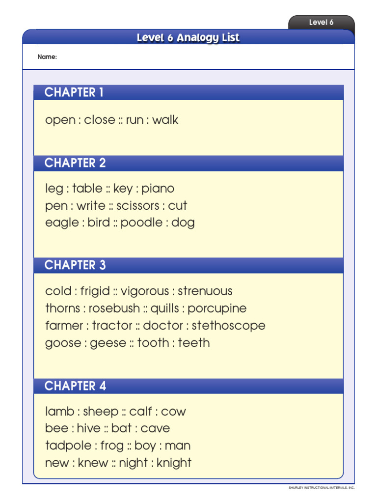 Level 6 Analogy Practice List | PDF