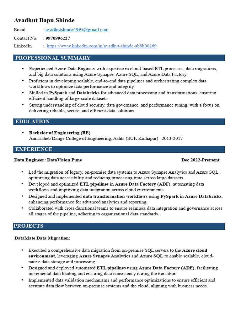 Avadhut_Shinde_ADE_CV (1) | PDF | Microsoft Azure | Cloud Computing