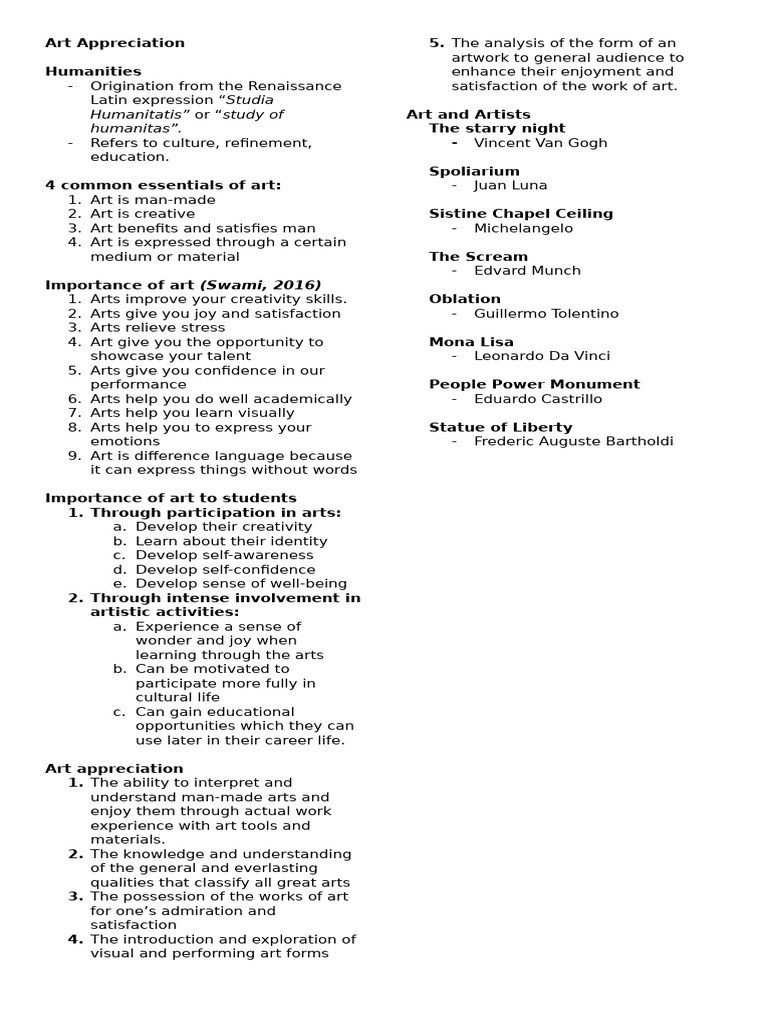 ART APPRECIATION | PDF | Liberal Arts Education | Cognition