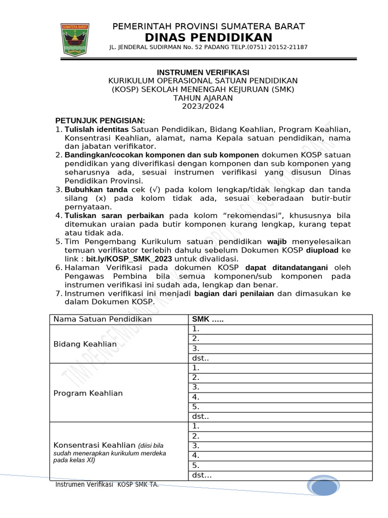 INSTRUMEN VERIFIKASI KOSP SMK TP 2023-2024 FINAL (1)-1 | PDF