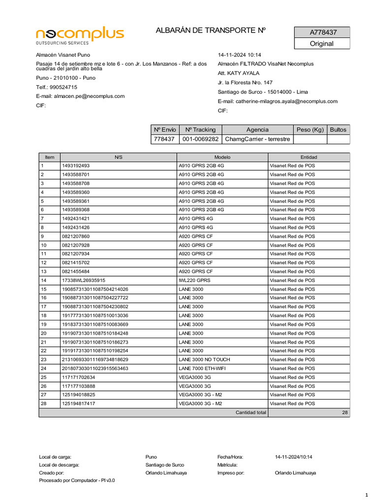 Albarán de Transporte Visanet Puno | PDF