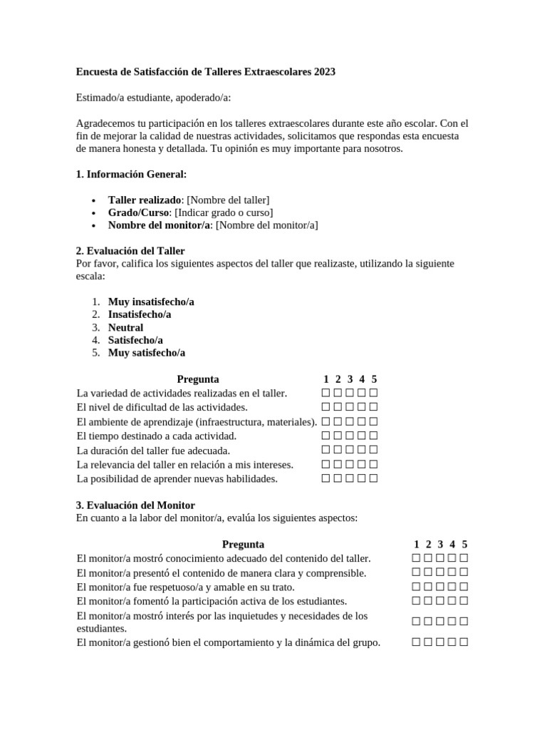 Encuesta de Satisfacción de Talleres Extraescolares 2024 | PDF ...