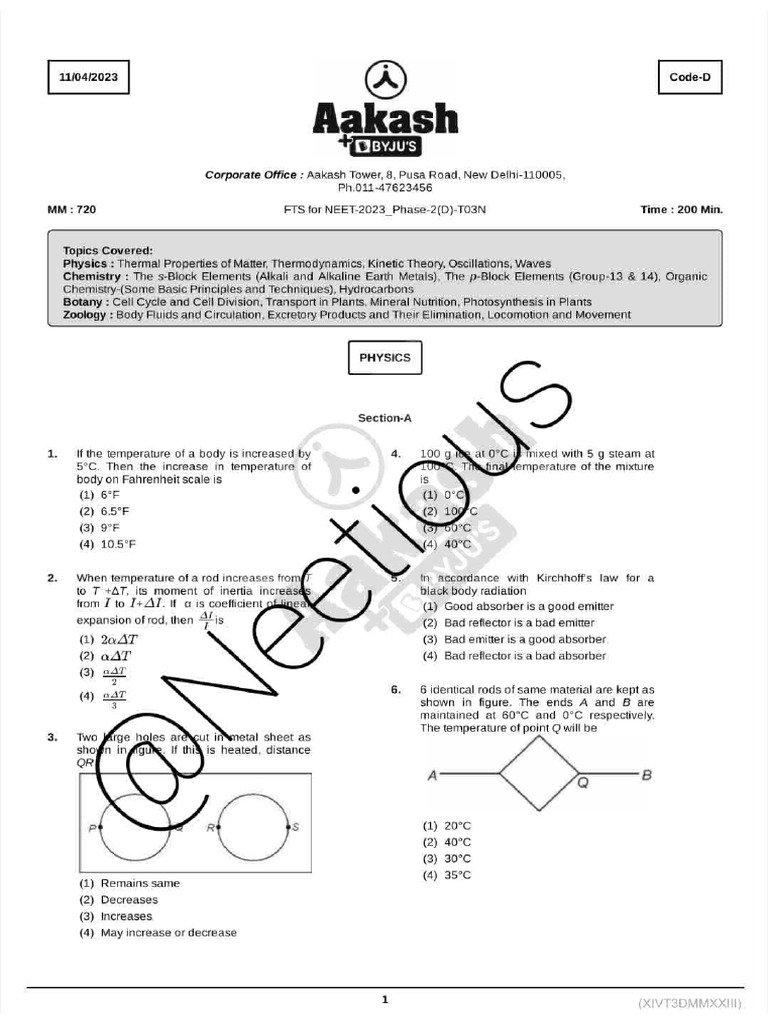 FTS - Test-03 (Code-D) - 11-04-2023 | PDF | Waves | Frequency