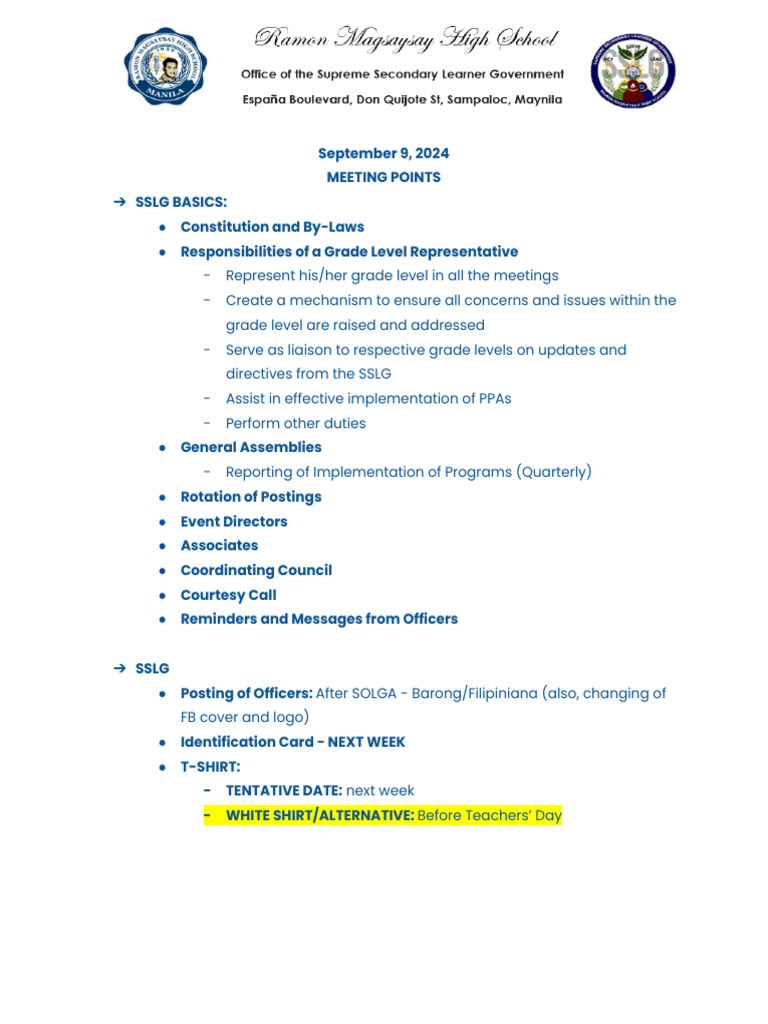 SSLG Meeting Points and Upcoming Events | PDF