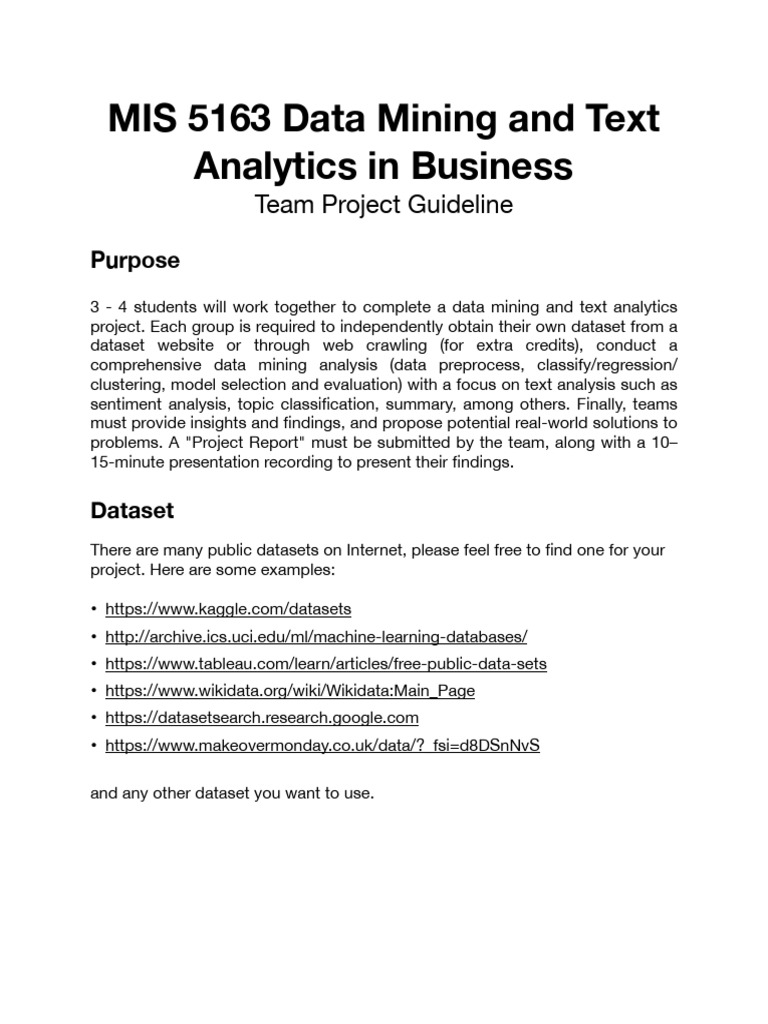 MIS 5613 Data Mining Team Project Instructions | PDF | Data Mining ... MIS 5613 Data Mining Team Project Instructions | PDF | Data Mining ...