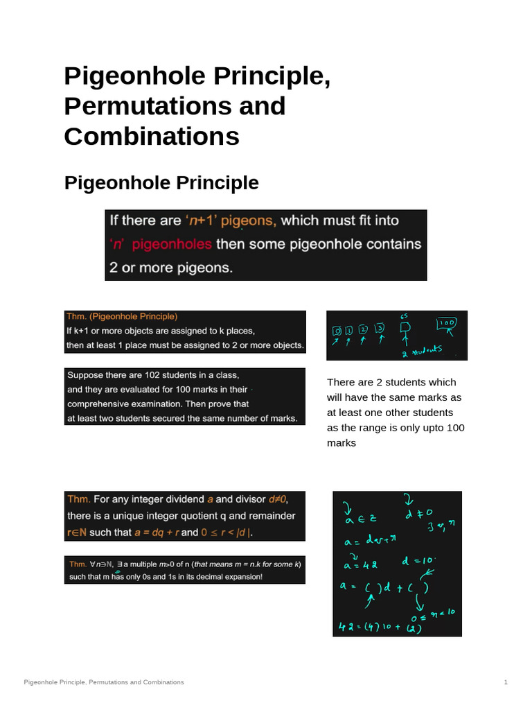 Pigeonhole Principle, Permutations and Combination | PDF