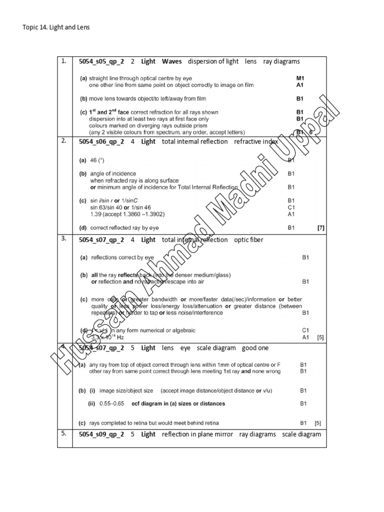 Light and Lens - Answers - P2 | PDF | Reflection (Physics) | Light