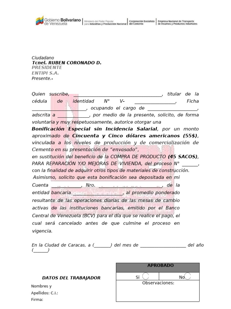 Modelo Formato Bono Especial Entipi | PDF