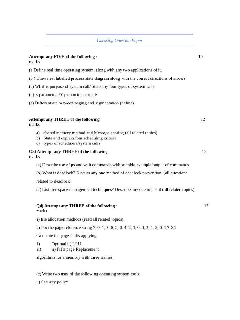 Guessing Question Paper & IMP | PDF | Process (Computing) | Operating System