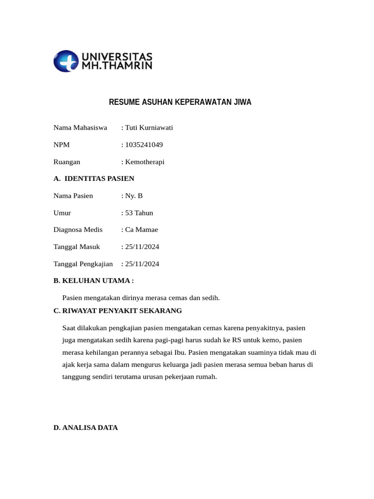 Resume - Ruang - Kemo - Ansietas - Senin Tuti | PDF