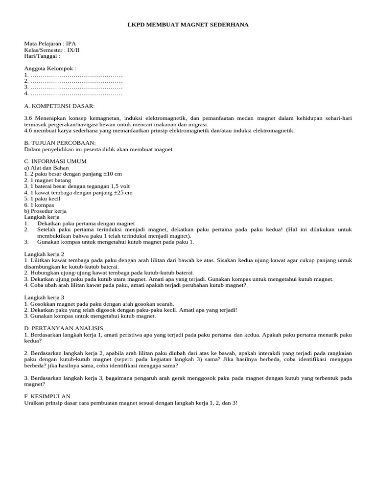 LKPD MEMBUAT MAGNET SEDERHANA | PDF
