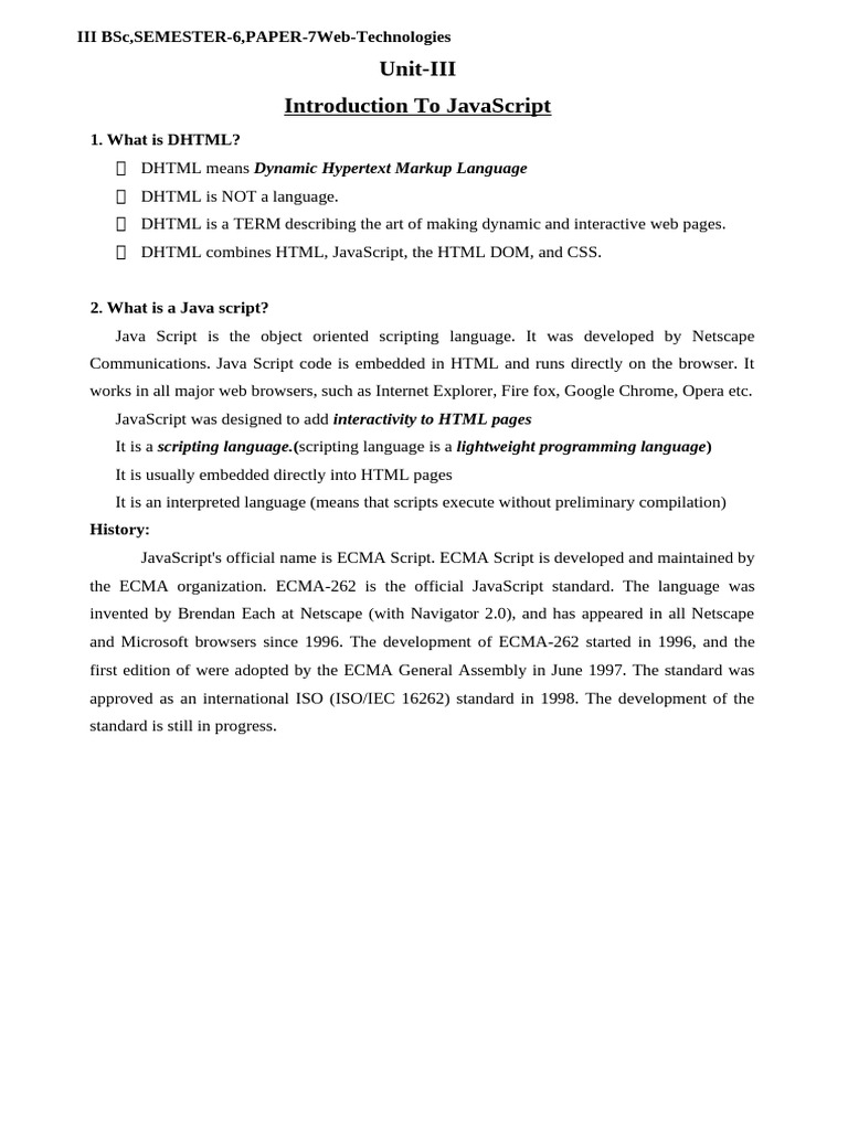 Wt-Unit-3 (Javascript) | PDF | Java Script | Dynamic Html