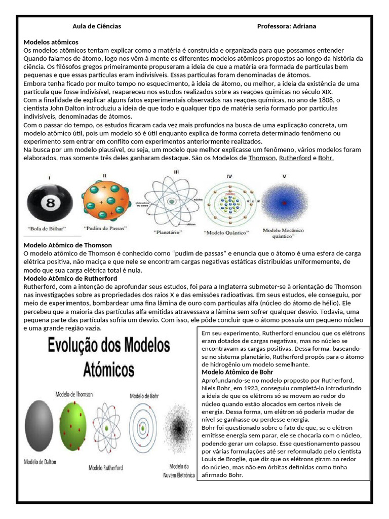 Modelos Atômicos: Thomson, Rutherford e Bohr | PDF | Elétron | Niels Bohr