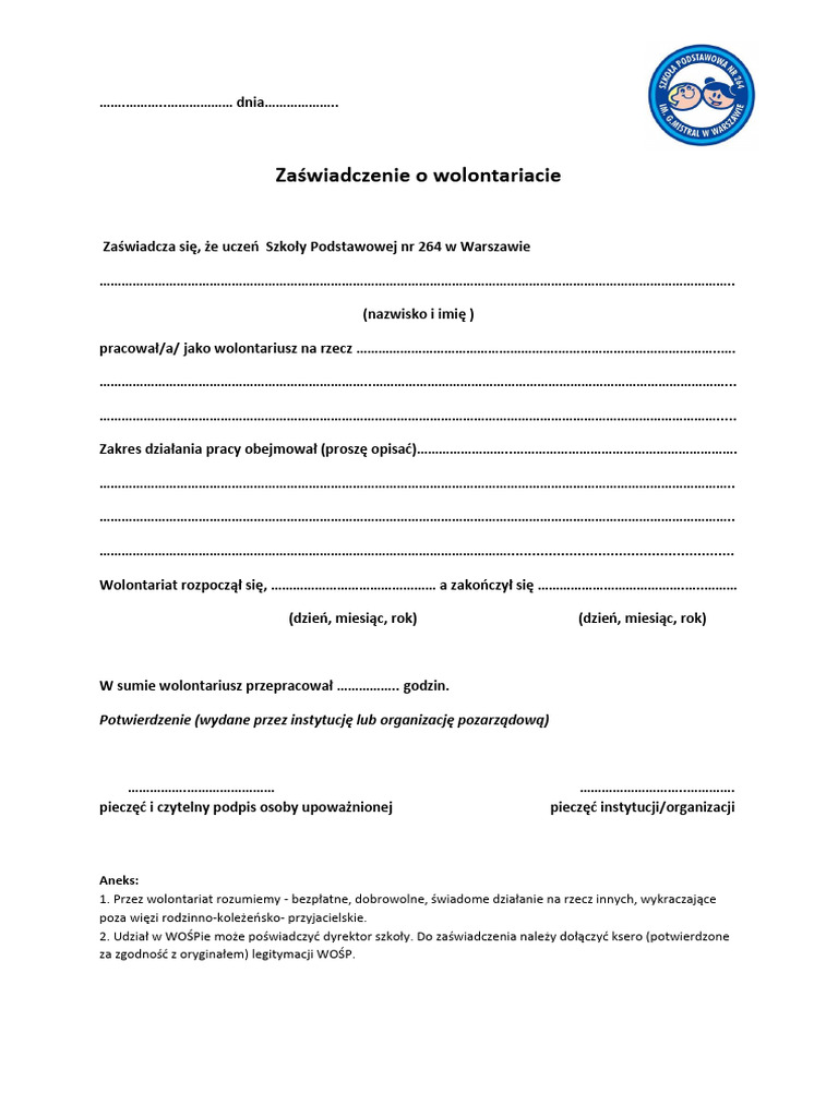 Zaswiadczenie Wolontariat 2 Zewnetrzne | PDF