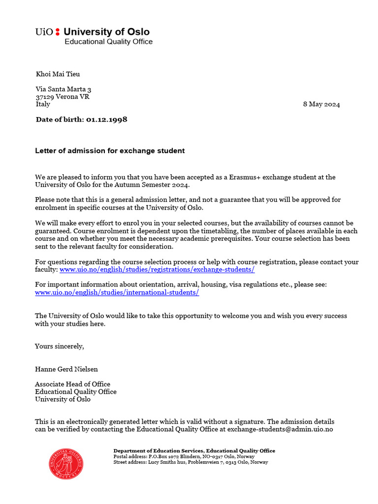 Admission Letter Oslo Univ | PDF | Cultural Globalization