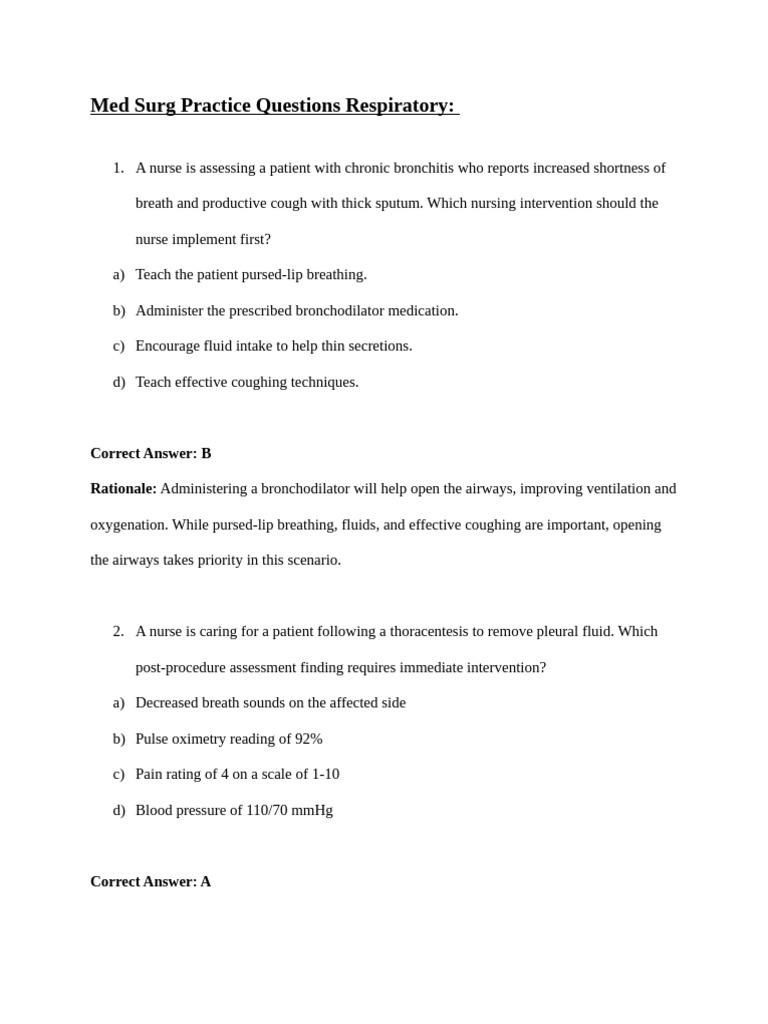 Med Surg Week 3 Respiratory Questions | PDF | Bronchitis | Respiratory ...
