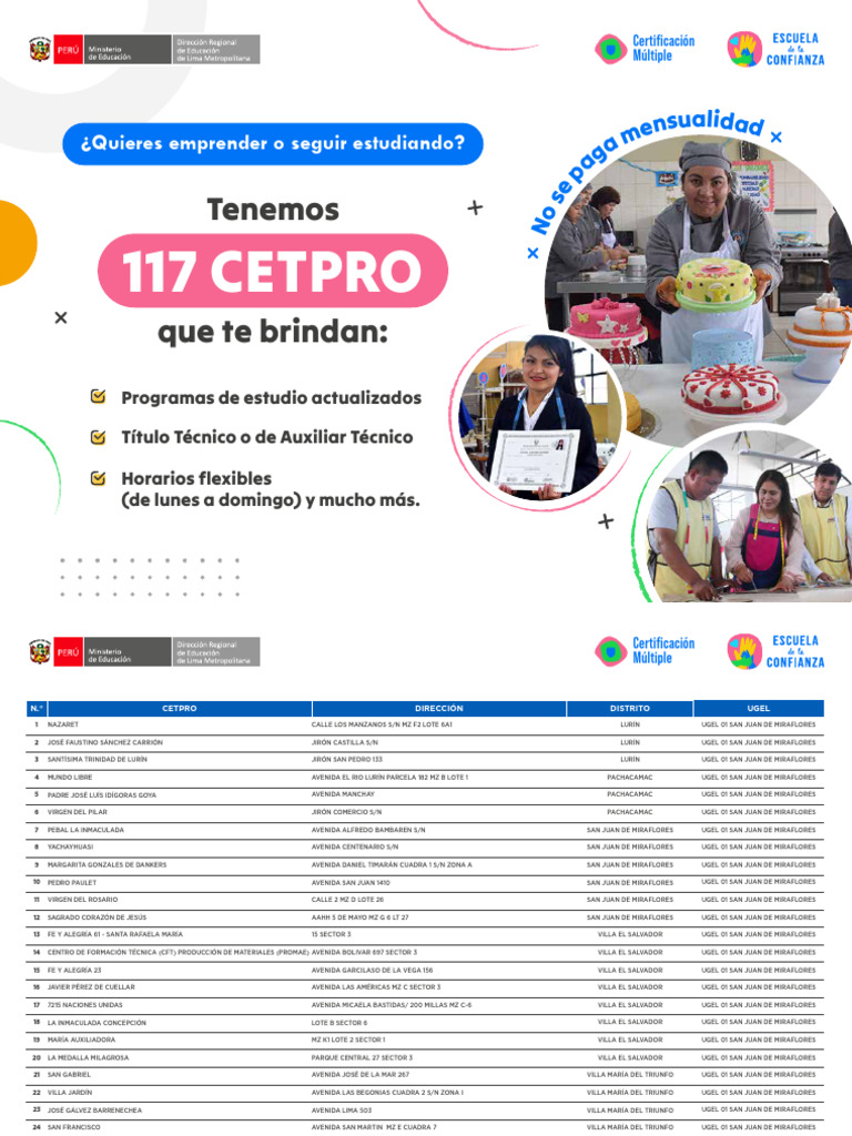 PDF Lista de 117 CETPRO de Lima Metropolitana | PDF | Lima | Perú