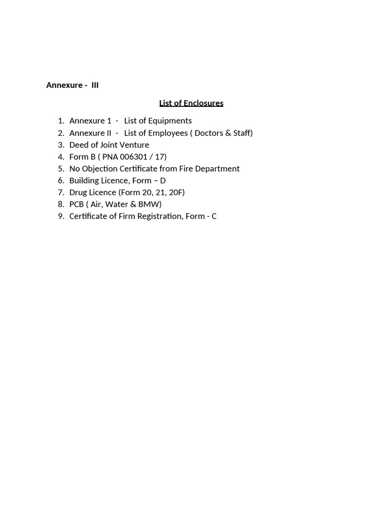 Annexure III List of Enclosures | PDF