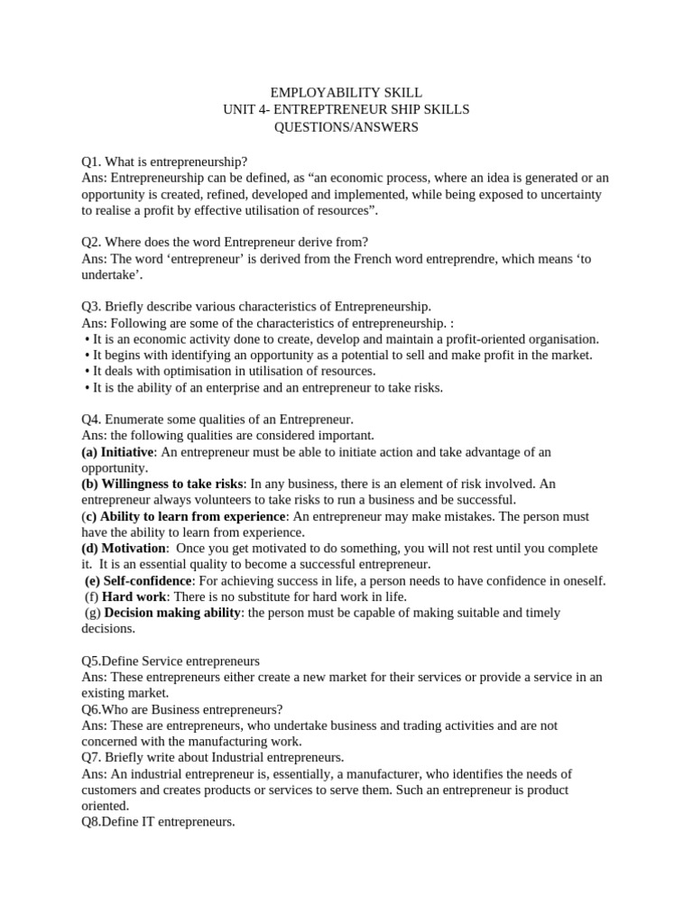 EMPLOYABILITY SKILL - Entrepreneur Skills | PDF | Entrepreneurship ...