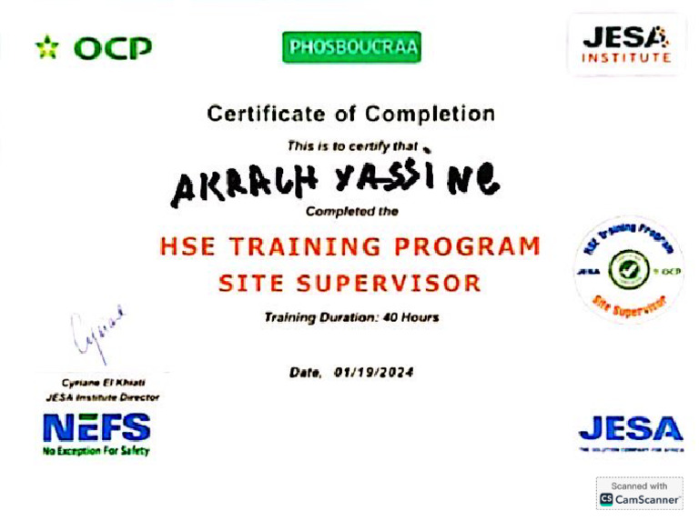 Certificate of Completion HSE Training Program Yassin Akrach | PDF