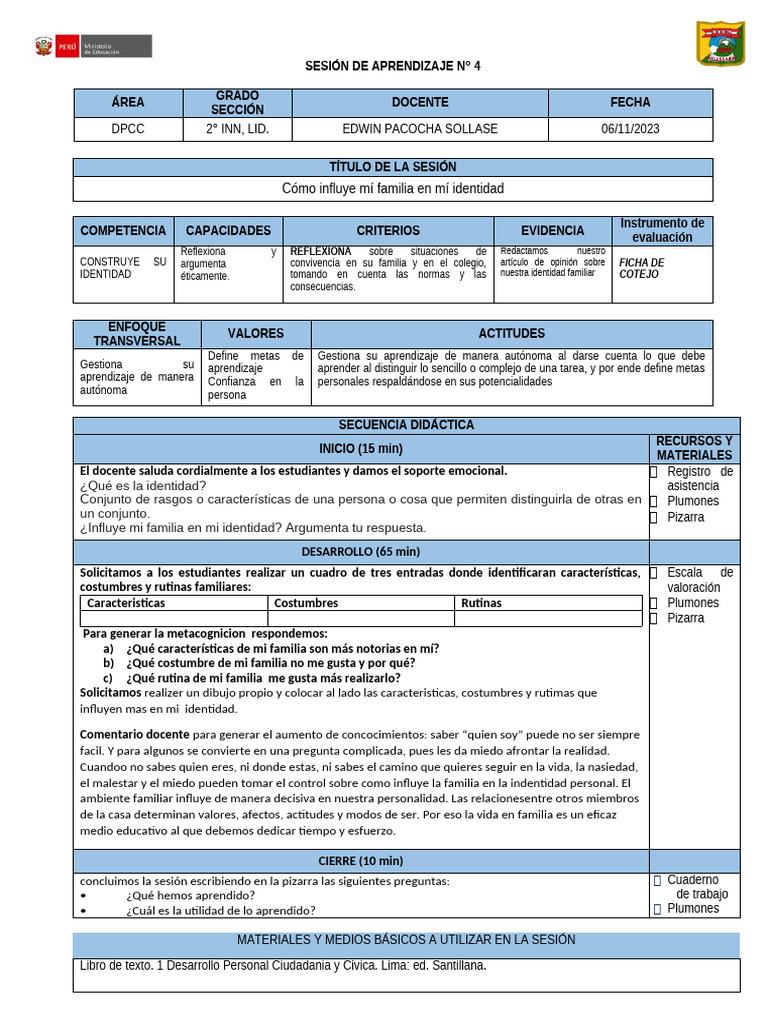 SESION DE APRENDIZAJE 7- DPCC 2°- N° 4 | PDF | Aprendizaje | Evaluación