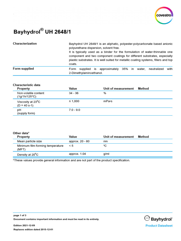 Bayhydrol UH 26481 - en - 84327301 195678 | PDF | Coating | Materials