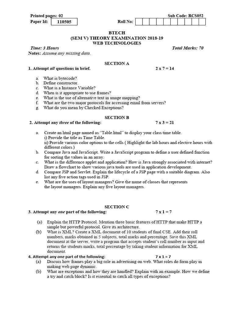 Btech Cs 5 Sem Web Technologies Rcs052 2019 | PDF | Parsing | World Wide Web