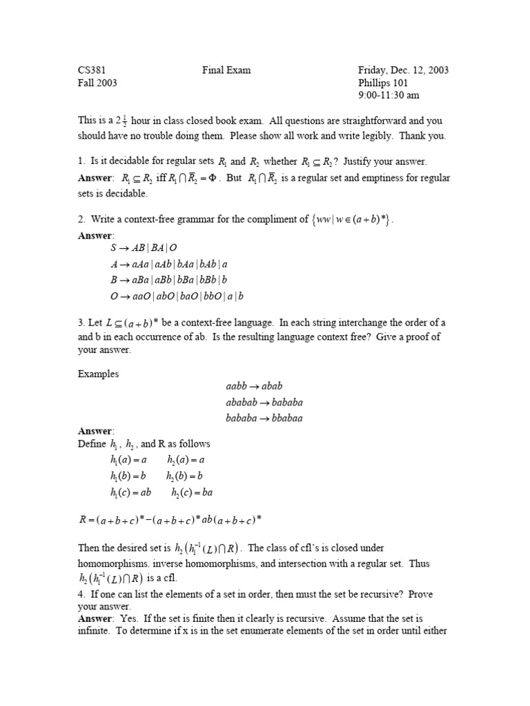 CS381 Fall 2003 Final Exam Guide | PDF