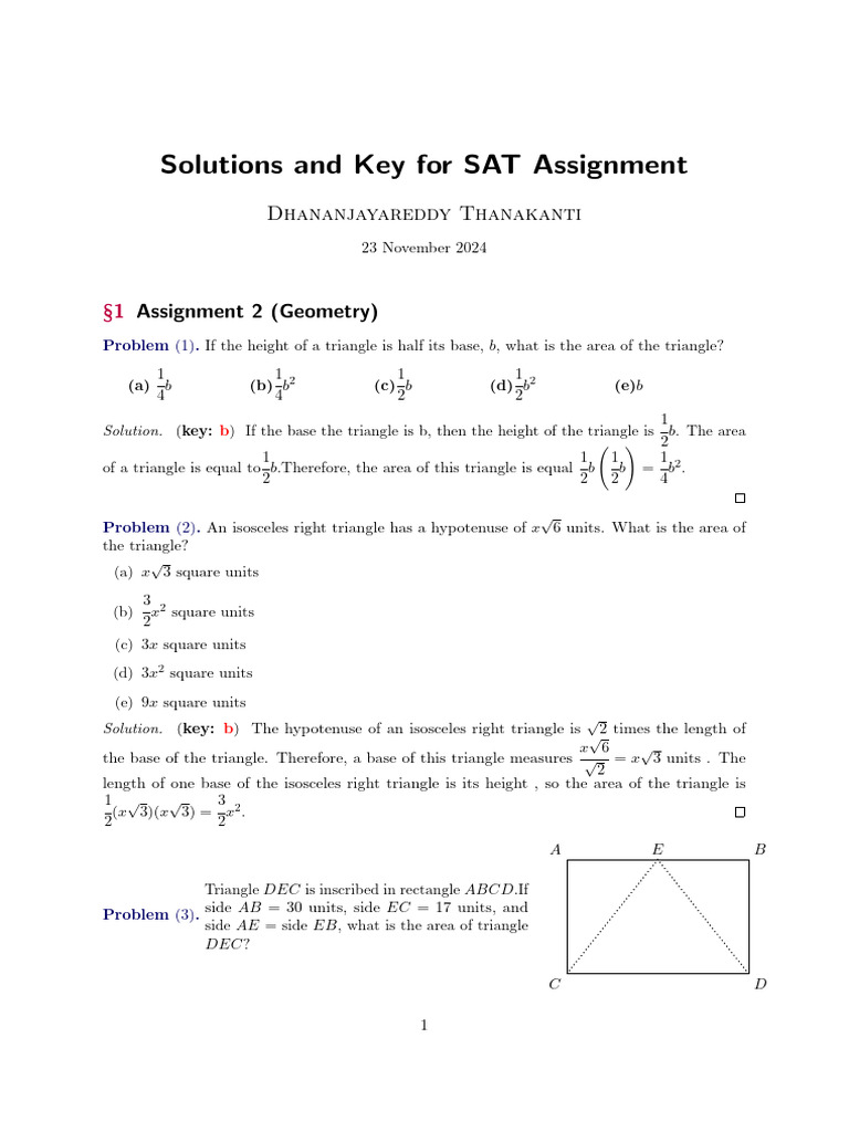 Solutions and Key For Sat Assignment Geometry 2 | PDF | Triangle | Area