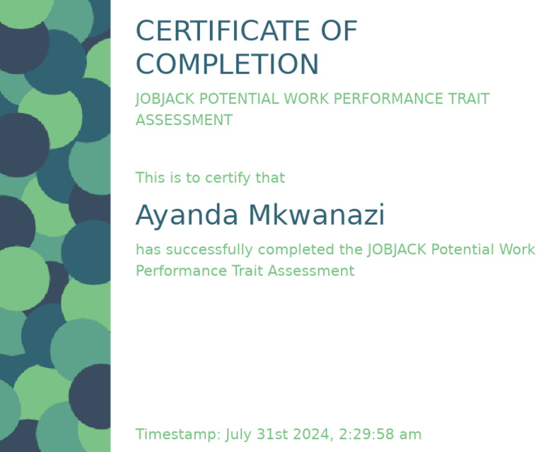 Ayanda - JOBJACK Potential Work Performance Trait Assessment | PDF