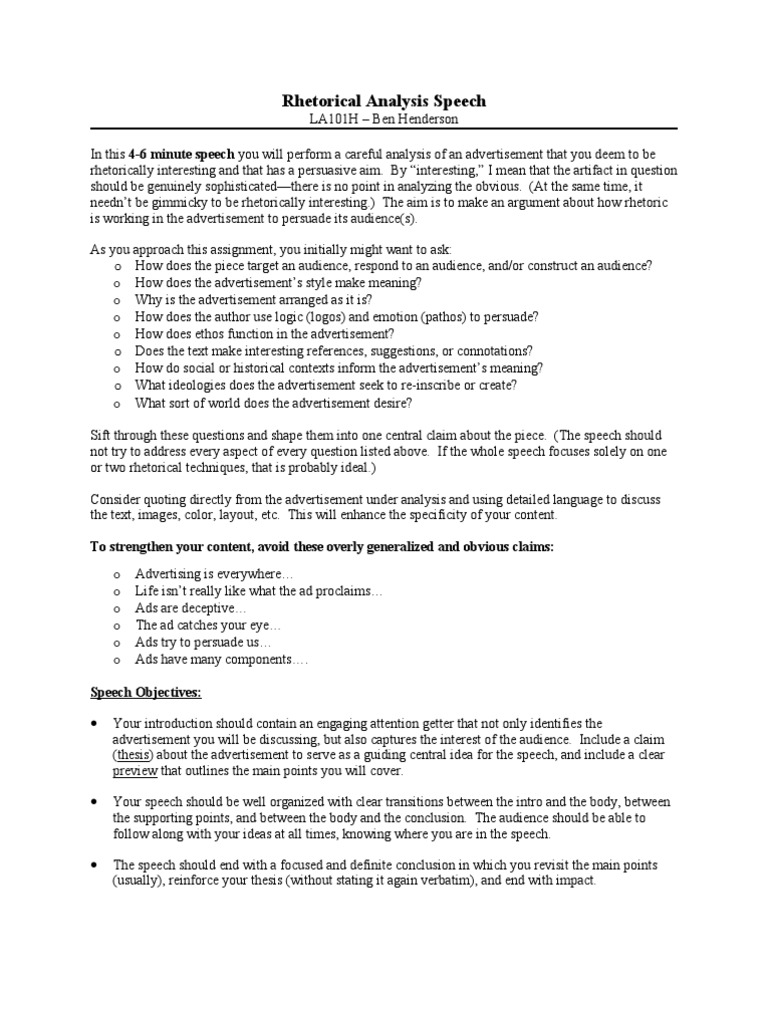 Rheotrical Ad Analysis Speech Assignment | PDF | Rhetoric | Advertising