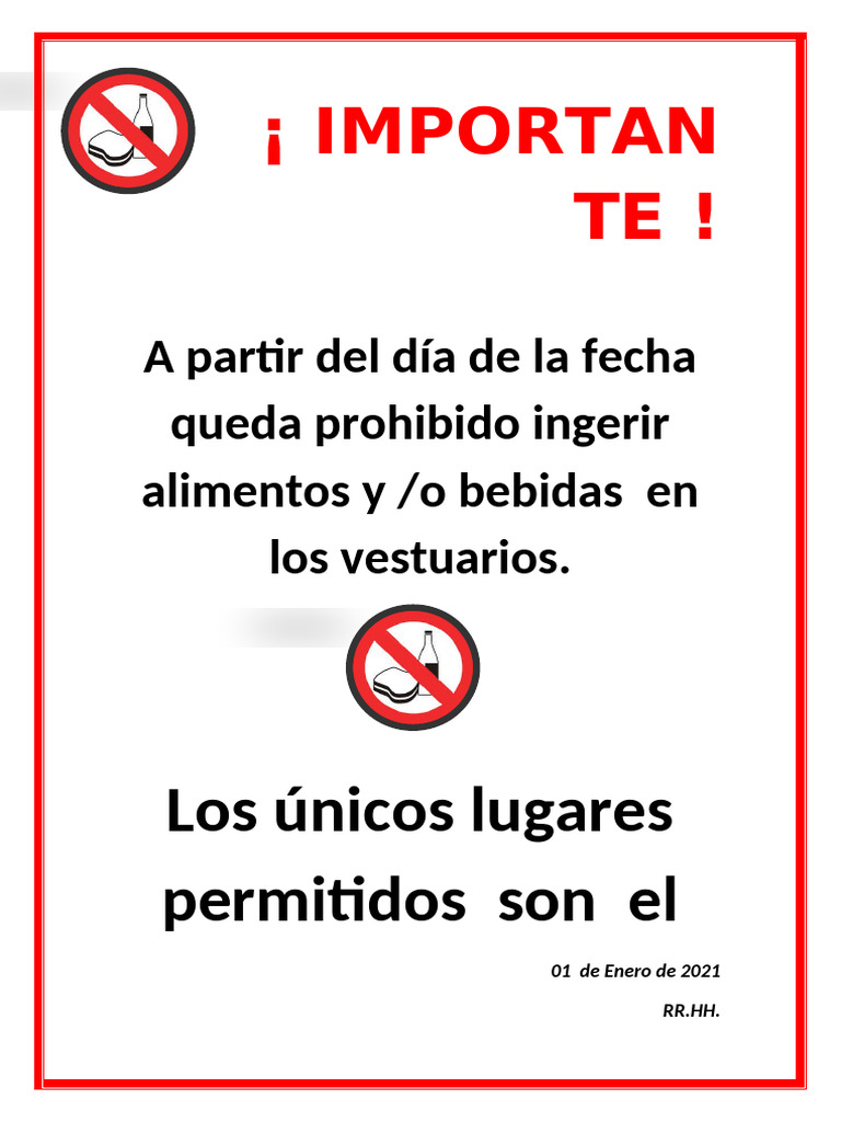 Prohibición de Comida en Vestuarios | PDF