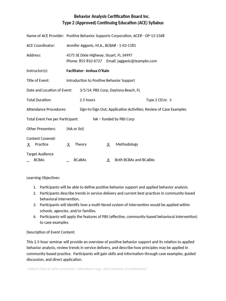 BCBA Syllabus Intro To PBS | PDF