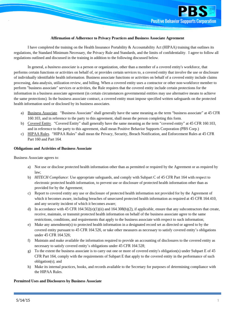 Business Associate Agreement | PDF | Indemnity | Health Insurance ...