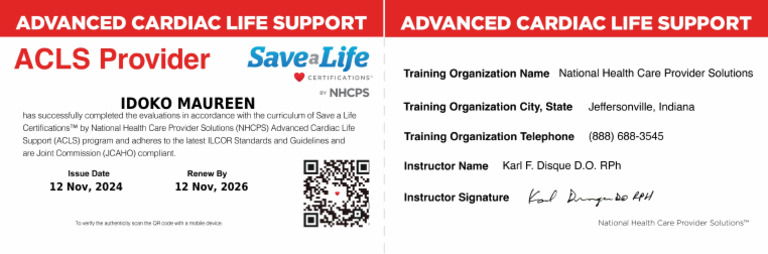 Acls Advanced Cardiac Life Support Certification Course Card | PDF
