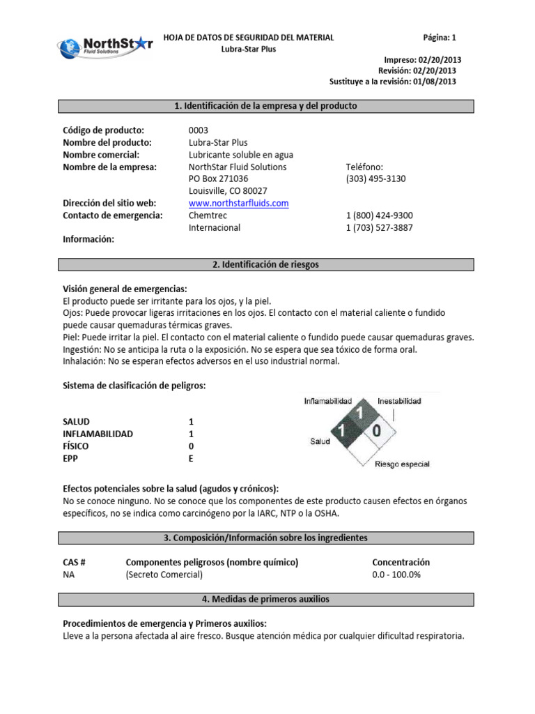 Hoja de Seguridad Lubra-Star Plus | PDF | Agua | Quemar