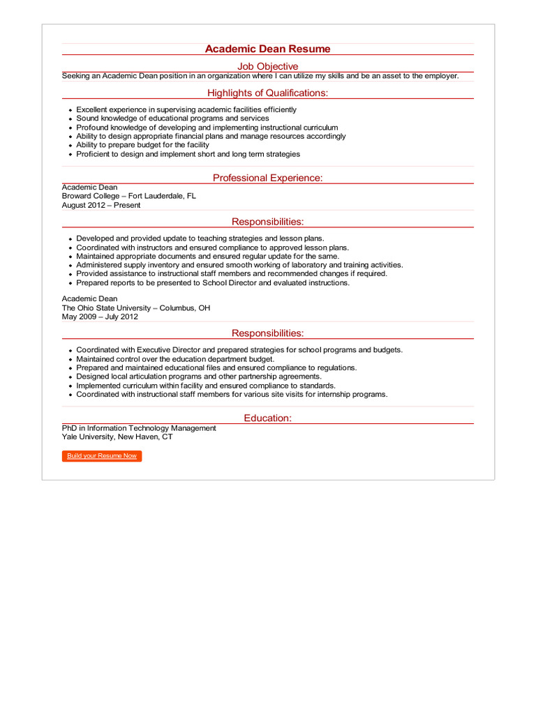 Academic+Dean+Resume | PDF
