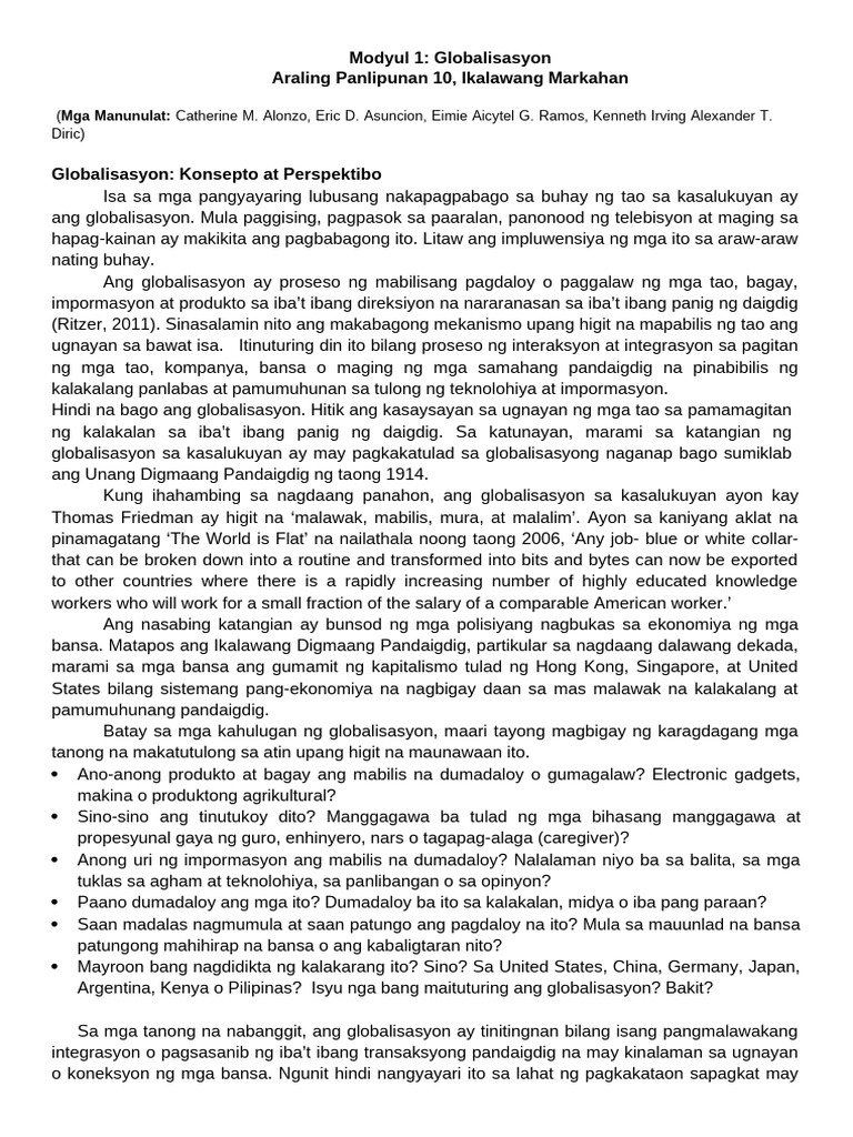AP10 Q2 Module 1 Konsepto at Perspektibo NG Globalisasyon | PDF