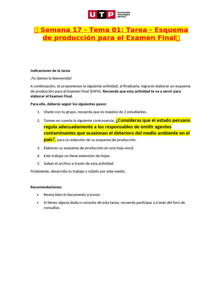 ? Semana 17 - Tema 01 Tarea - Esquema de Producción para El Examen Final - REDACCION 1 ...