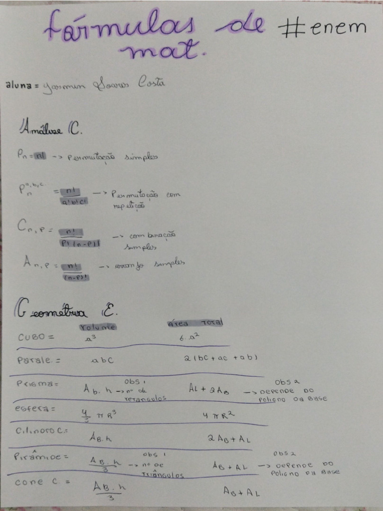 Mat Enem Fórmulas Principais | PDF