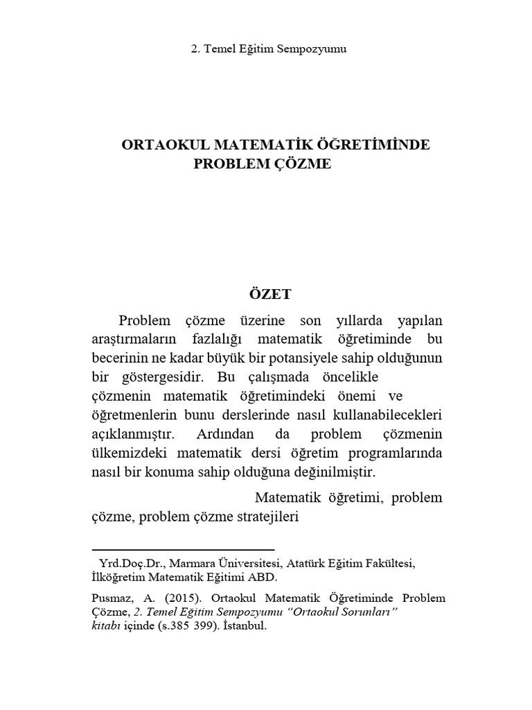Ortaokul Matematik Ogretiminde Problem Cozme | PDF